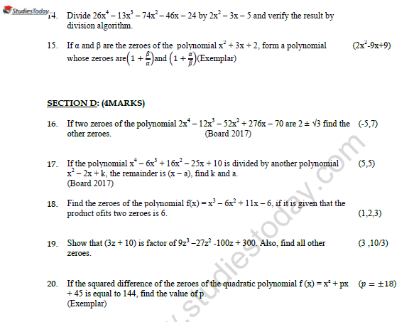 CBSE Class 10 Mathematics Polynomials Worksheet Set B